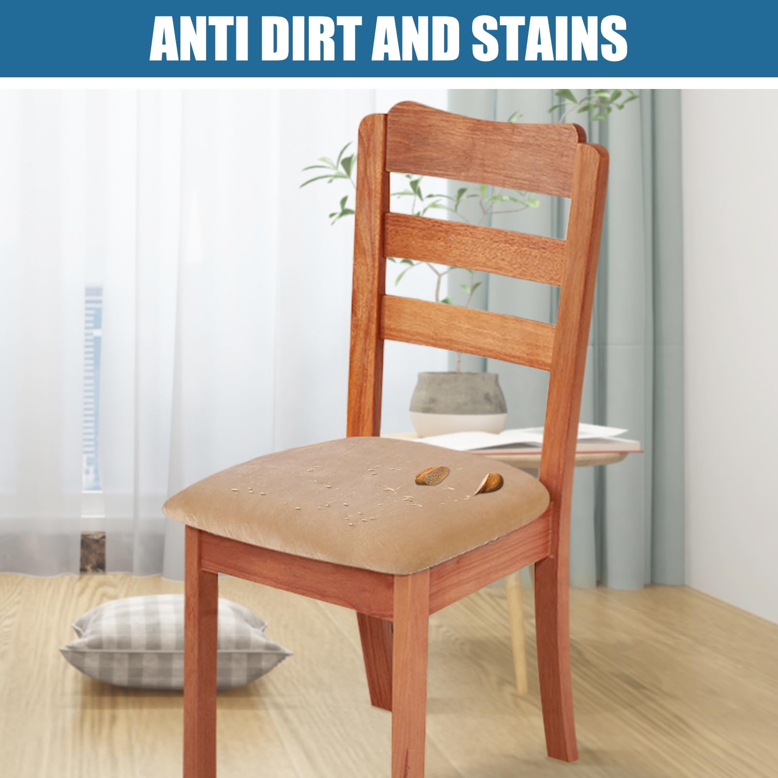 Smiry Velvet Seat Covers for Dining Room Chair Set of 6, Stretch Fit Removable Washable Chair Seat Cushion Protector Slipcovers with Ties, Beige