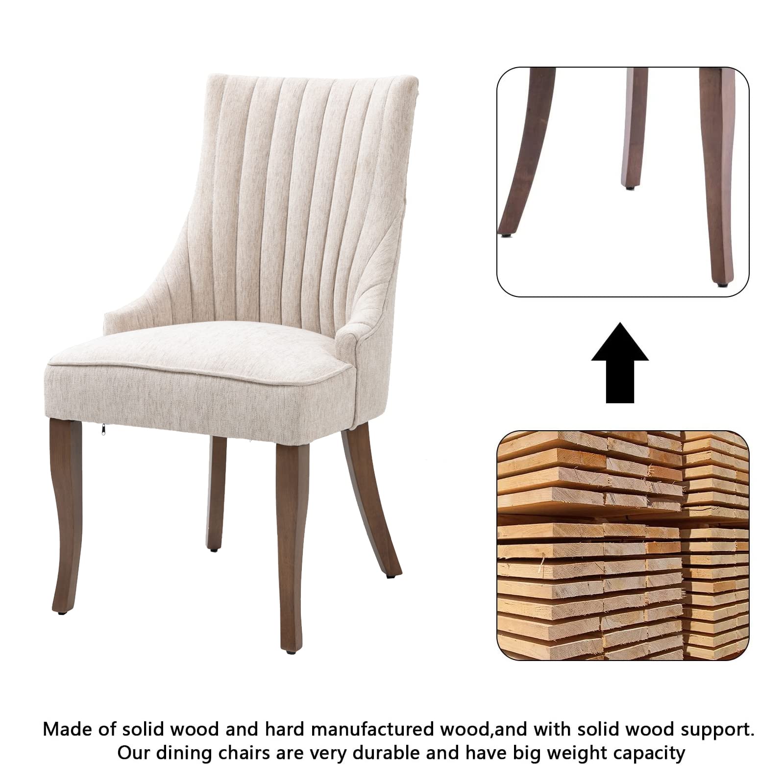 mikibama Linen Dining Chairs Set of 2 Channel Tufted Kitchen Dinner Chair Comfy Fabric Upholstered Accent Chair for Dining Room with Solid Wood Legs (Beige)