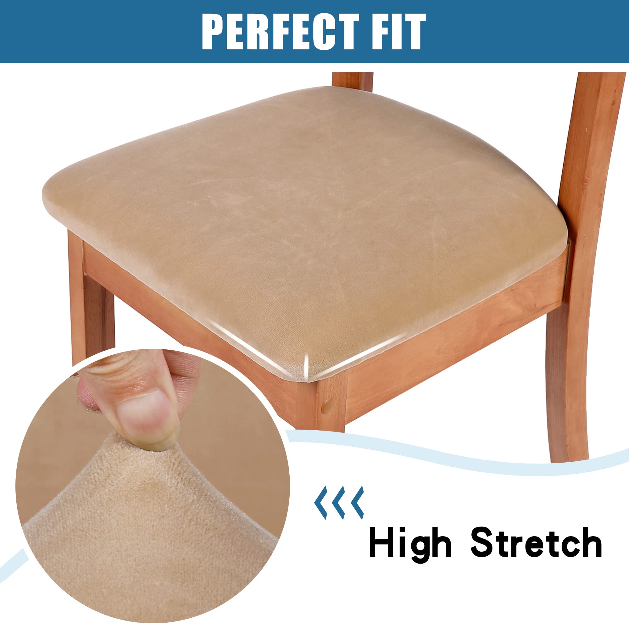 Smiry Velvet Seat Covers for Dining Room Chair Set of 6, Stretch Fit Removable Washable Chair Seat Cushion Protector Slipcovers with Ties, Beige