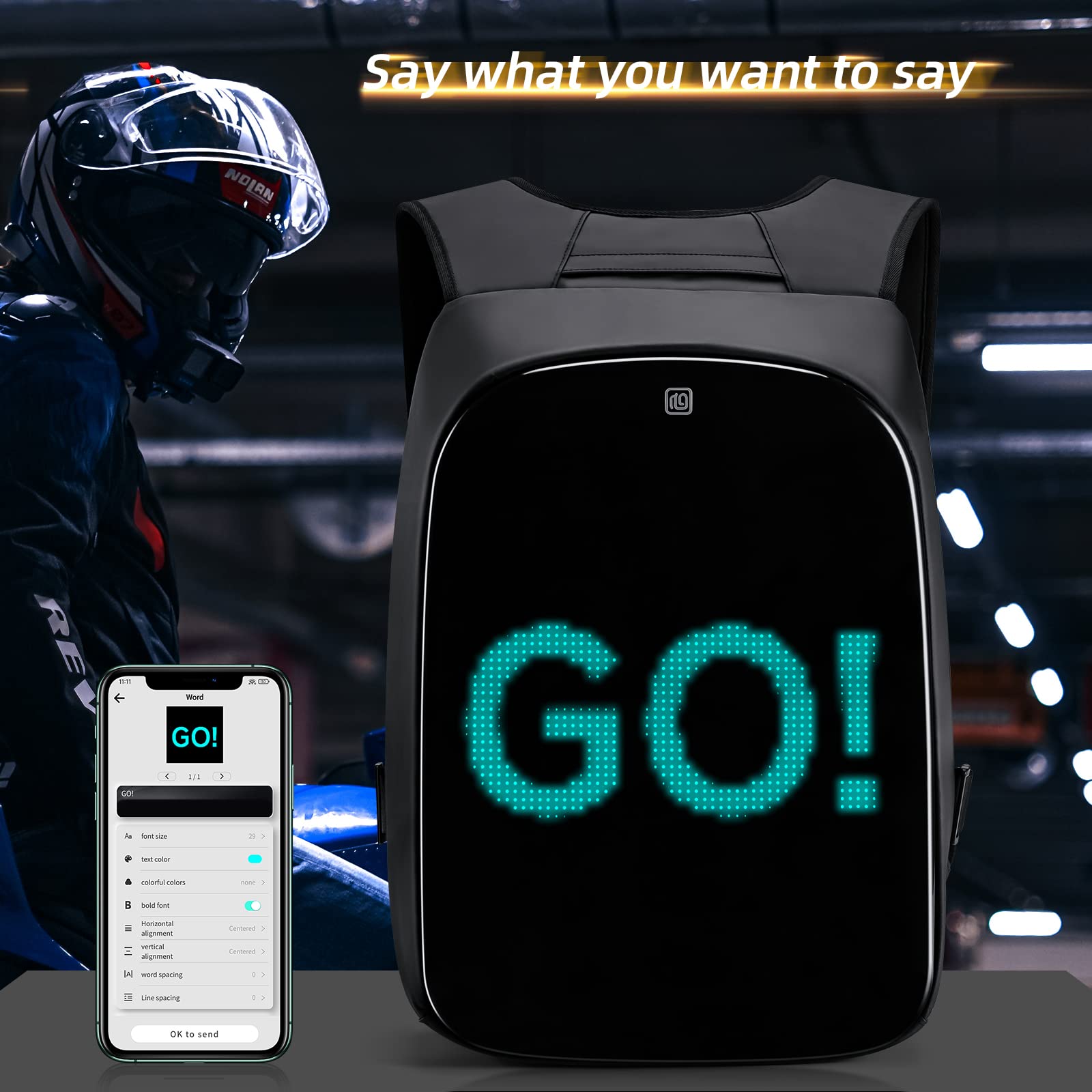 Gelrova LED Motorcycle Helmet Backpack Rampage Serise, 17 Inch Cool DIY Pixel Art Animation Fashion LED Display LaptopProgramming Backpack, Unique Gift for Men or Women
