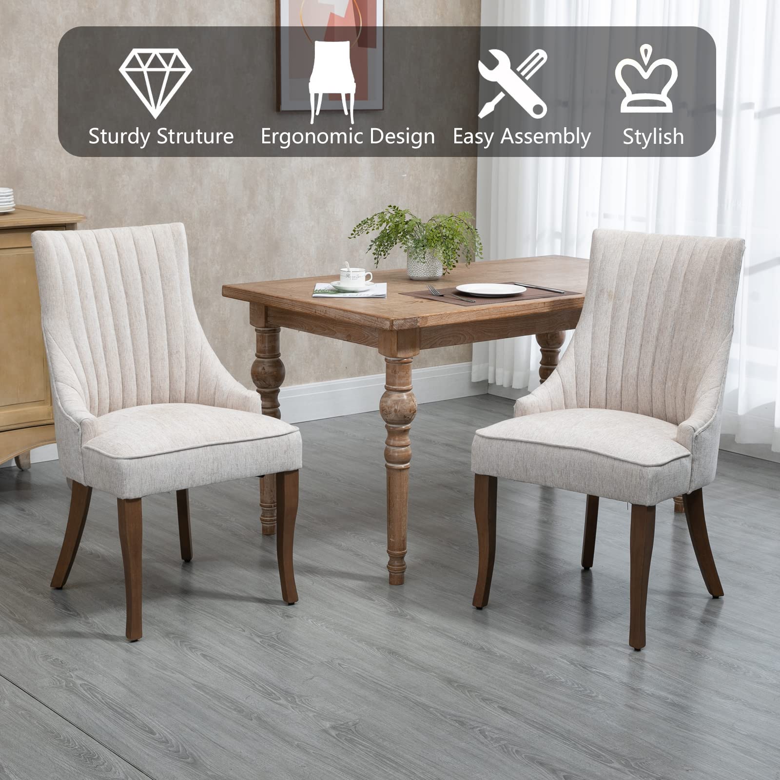 mikibama Linen Dining Chairs Set of 2 Channel Tufted Kitchen Dinner Chair Comfy Fabric Upholstered Accent Chair for Dining Room with Solid Wood Legs (Beige)