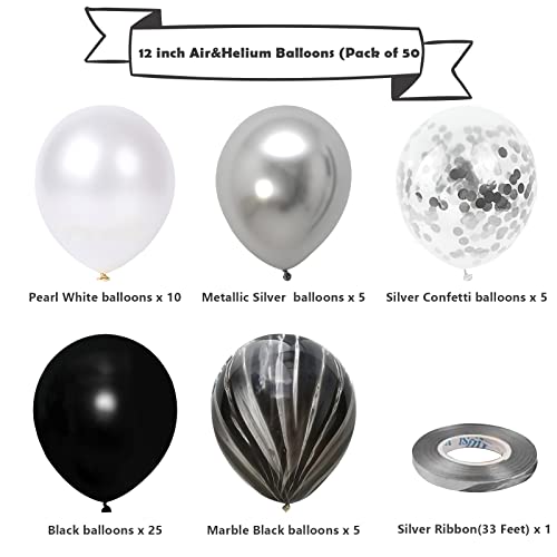 Black White Silver Party Balloons, 50pcs 12 Inch Thicker Marble Black and Pearl White Metallic Confetti Latex Balloons with Ribbon for Birthday Anniversary Decorations
