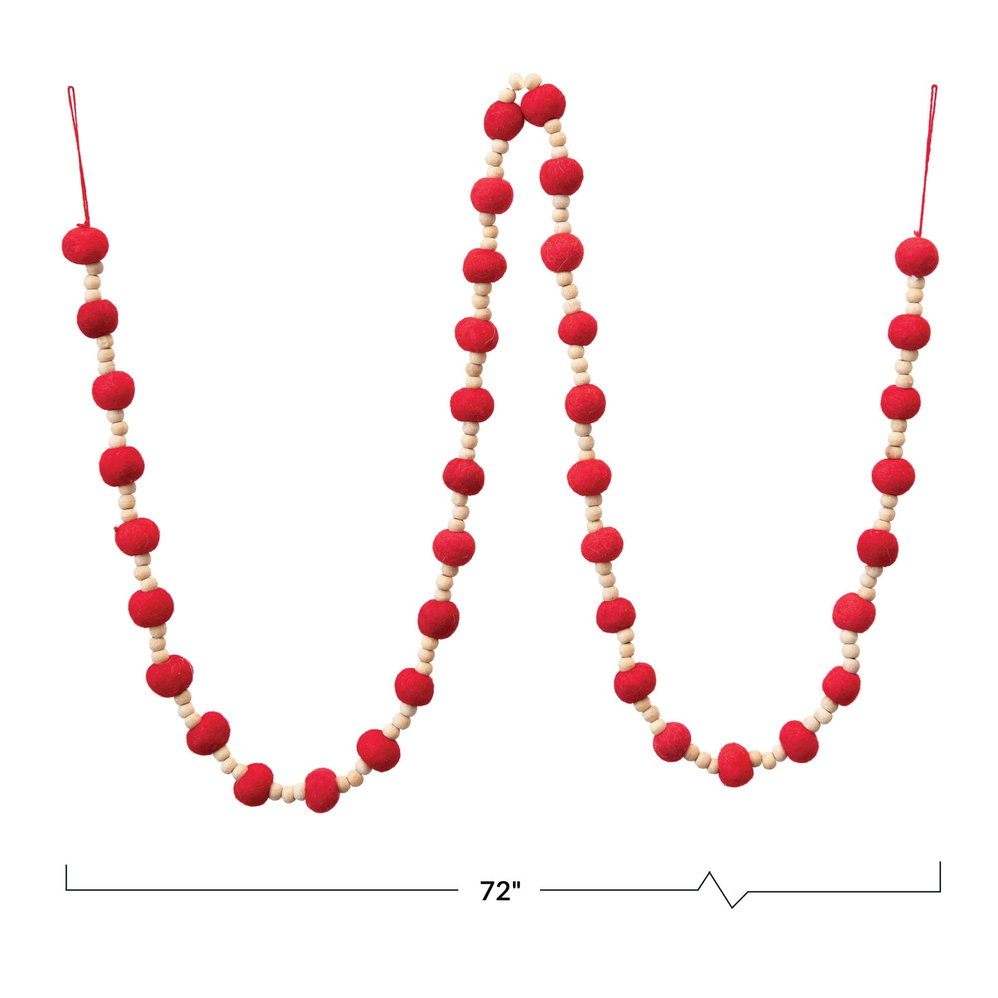 Creative Co-Op 72" L Wool Felt Ball & Wood Bead, Red Textile Garlands