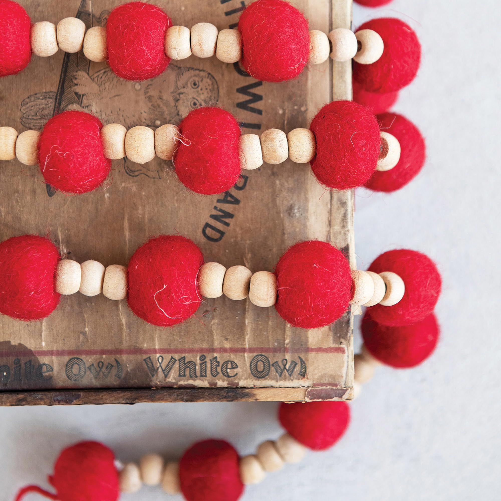 Creative Co-Op 72" L Wool Felt Ball & Wood Bead, Red Textile Garlands