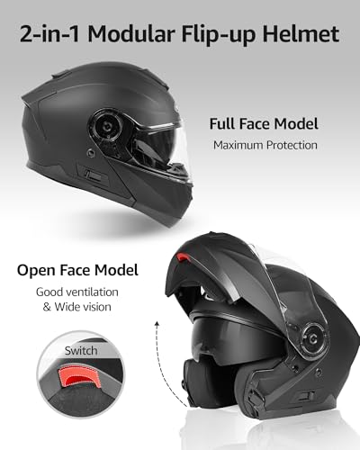 YEMA Modular Motorcycle Helmets, DOT Approved Full Face Motorcycle Helmet with Flip Up Dual Visor, Helmets for Adults Motorcycle Men Women Helmets for Street Scooter ATV E-Bike - YM-926 Black