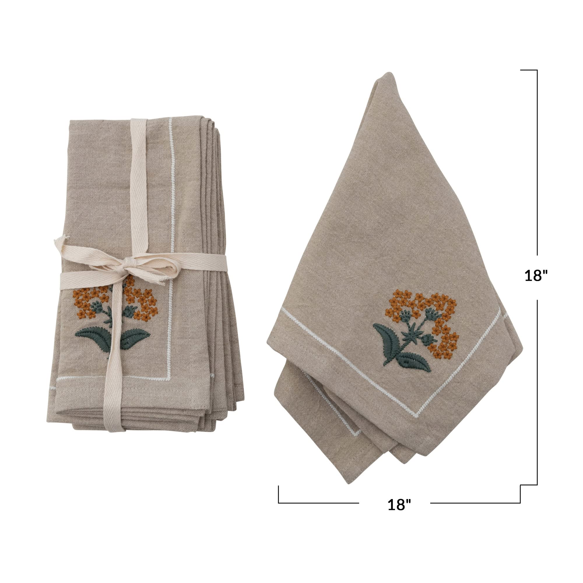 Creative Co-Op Cotton Floral Embroidery Napkins, 18" L x 18" W x 0" H, Multicolor