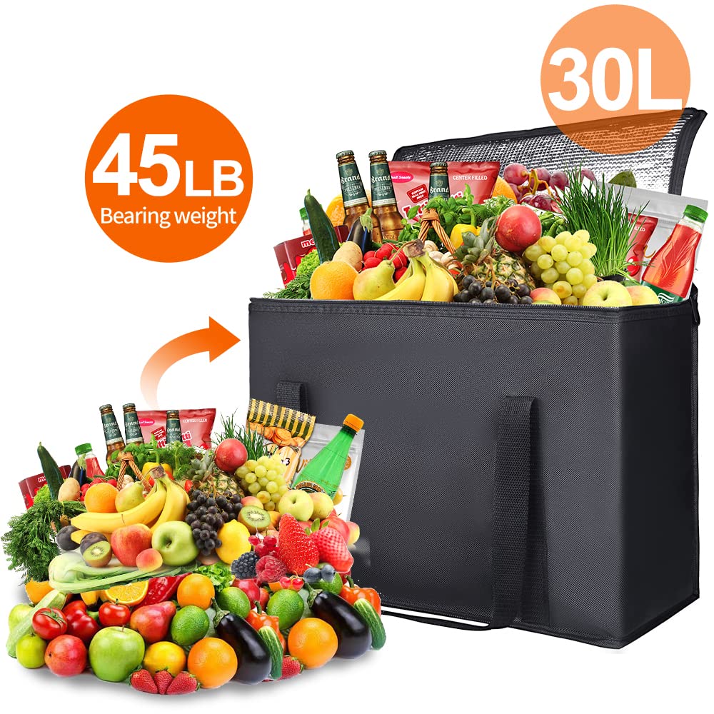 Bodaon 2-Pack Insulated Reusable Grocery Bag with Zippered Top, X-Large Frozen Foods Cold, Cooler Shopping Accessories, Insullated Bags, Black