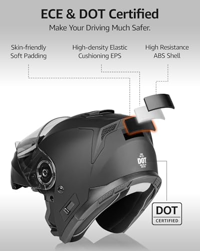 YEMA Modular Motorcycle Helmets, DOT Approved Full Face Motorcycle Helmet with Flip Up Dual Visor, Helmets for Adults Motorcycle Men Women Helmets for Street Scooter ATV E-Bike - YM-926 Black