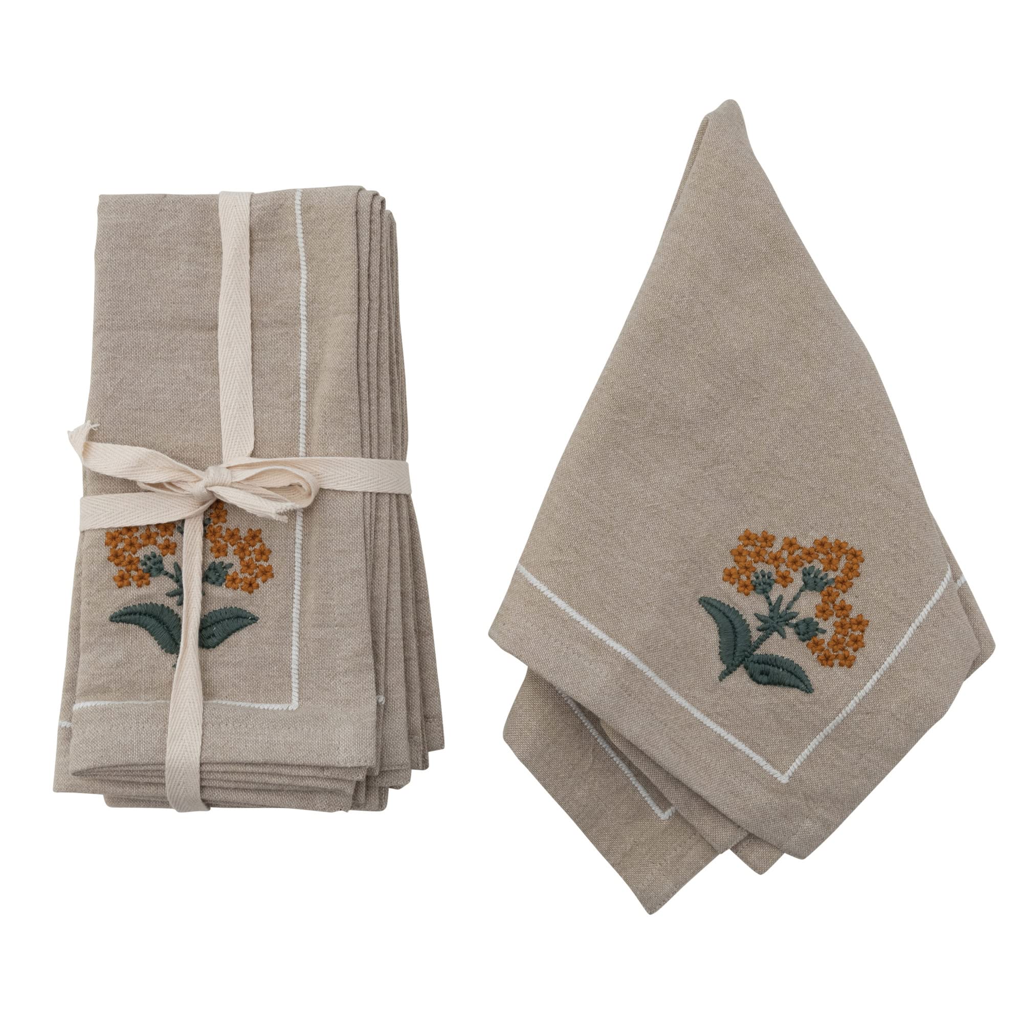 Creative Co-Op Cotton Floral Embroidery Napkins, 18" L x 18" W x 0" H, Multicolor