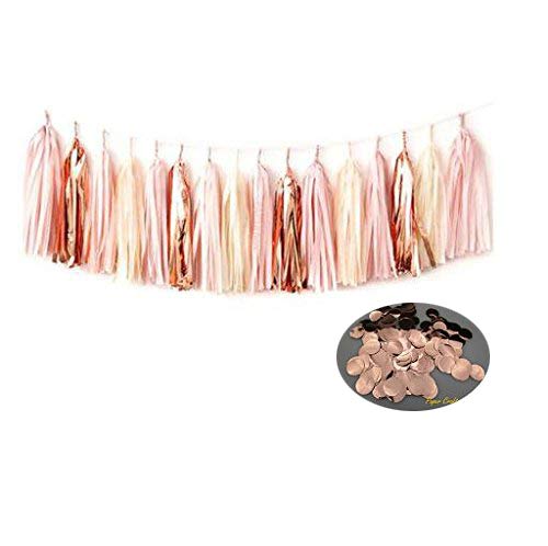 Sogorge 15 Pcs 14 Inches Tissue Paper Tassel Garland Rose Gold Foil Pink and Ivory Tassel Garland Free Rose Gold Paper Confetti 10g for Weddings Birthday Bridal Shower Baby Showers Decor(Rose Gold)