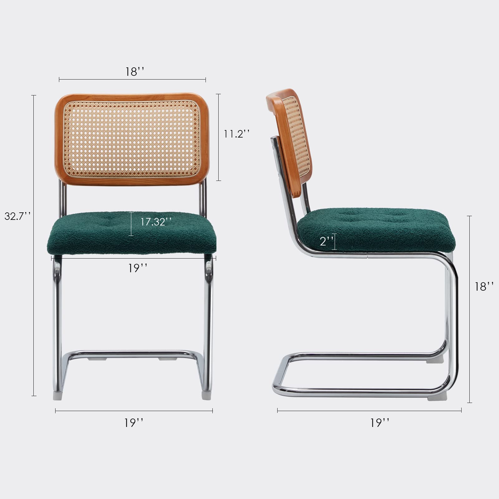 Farini Kitchen Dining Chairs Set of 2,Mid-Century Modern Chair Armless Mesh Backrest Cane Rattan Chairs for Home Dining Room(Dark Green,Teddy Velvet)