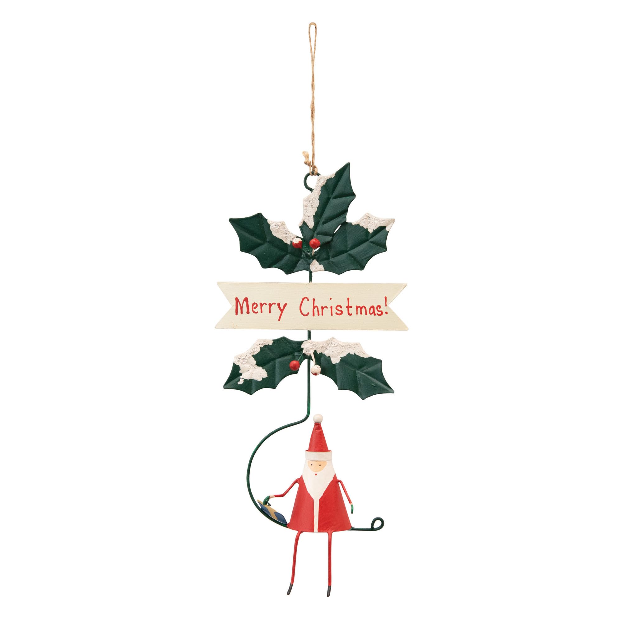 Creative Co-Op 5" L x 2" W x 11" H Hand-Painted Tin Santa on Branch w/Banner Merry Christmas Metal Ornaments, Multi