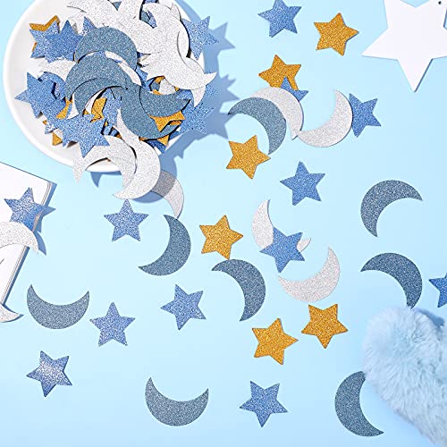 400 Pieces Glitter Star and Moon Paper Confetti Double Side Table Paper Confetti Sequin for Wedding Birthday Baby Shower Moon and Star Party Ramadan Mubarak Decor (Dark Blue, Light Blue, Gold, Silver)