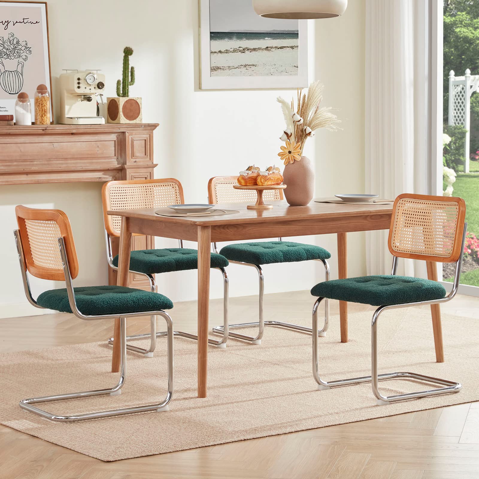 Farini Kitchen Dining Chairs Set of 2,Mid-Century Modern Chair Armless Mesh Backrest Cane Rattan Chairs for Home Dining Room(Dark Green,Teddy Velvet)