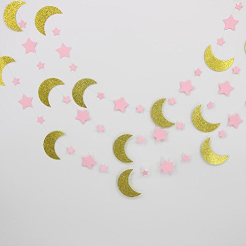 Mybbshower Moon and Stars Garland Pink Gold Nursery Room Decoration 20 Feets