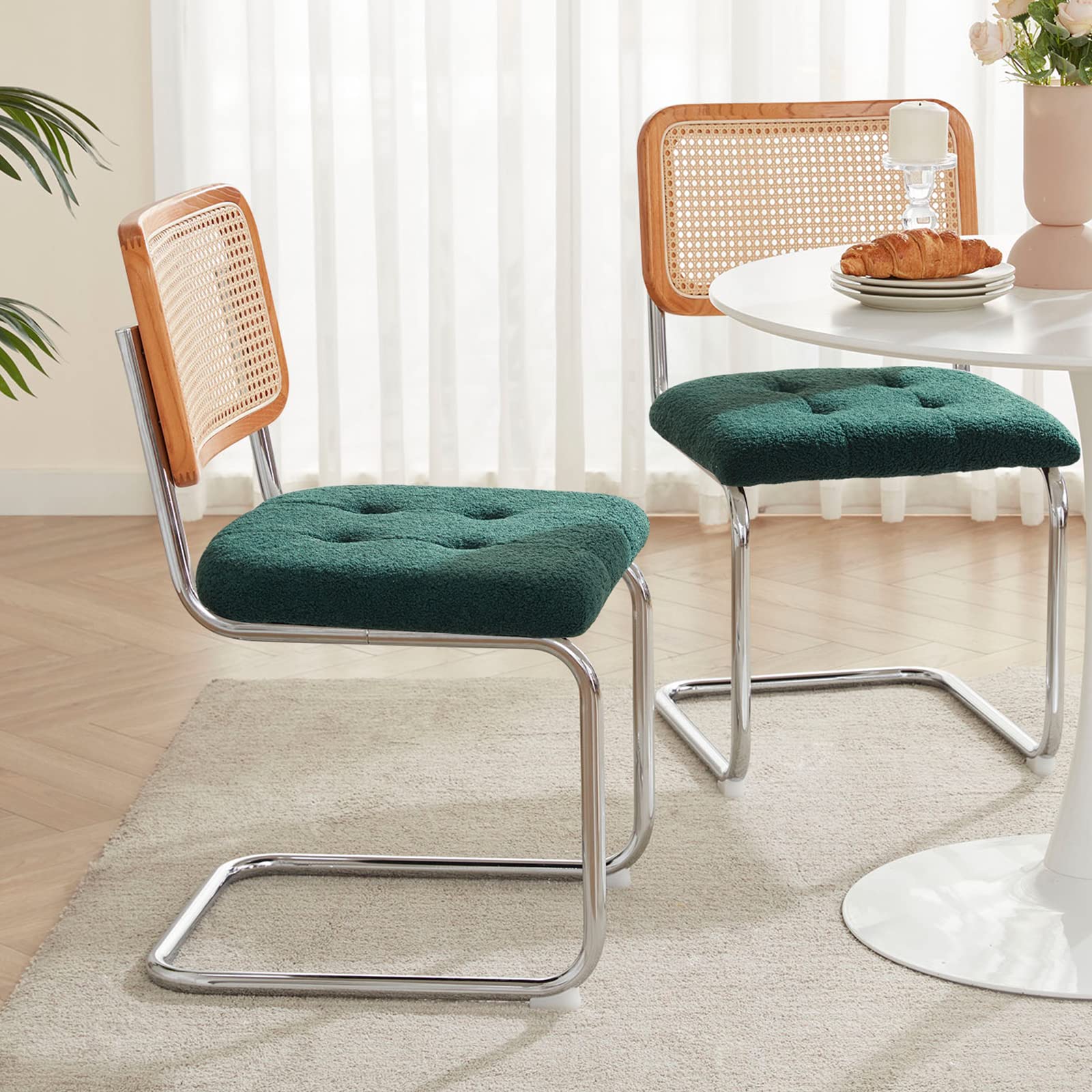 Farini Kitchen Dining Chairs Set of 2,Mid-Century Modern Chair Armless Mesh Backrest Cane Rattan Chairs for Home Dining Room(Dark Green,Teddy Velvet)