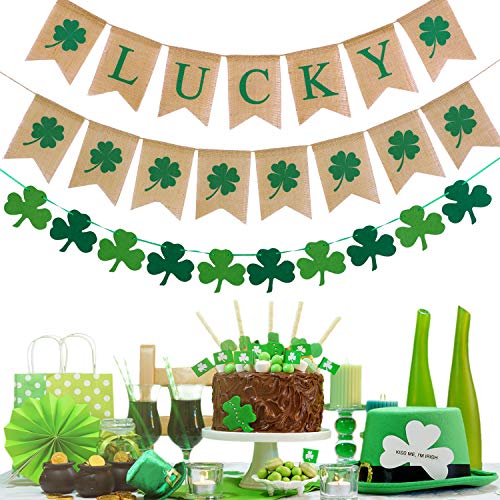 3 Pieces St. Patrick's Day Banner Shamrock Garland Lucky Banner Burlap Irish Garland Green Four Leaf Banner and Felt Shamrock Clover Banner Flags for Saint Patrick's Day Party Decor