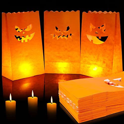 Halloween Luminary Bags Pumpkin Flame Resistant Candle Bag Paper Jack-o'-Lantern Lantern Bags with 3 Silhouettes for Home Garden Wedding Birthday Halloween Theme Party Decoration Supplies (60 Pack)