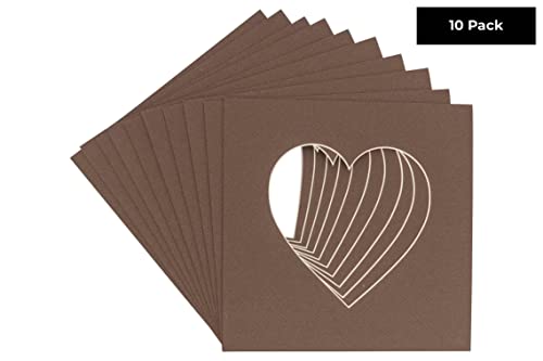 CountryArtHouse Chocolate Brown Acid Free 16x16 Heart Picture Frame Mat with White Core Bevel Cut for 5x5 Pictures - Fits 16x16 Frame - Pack of 10 Matboards