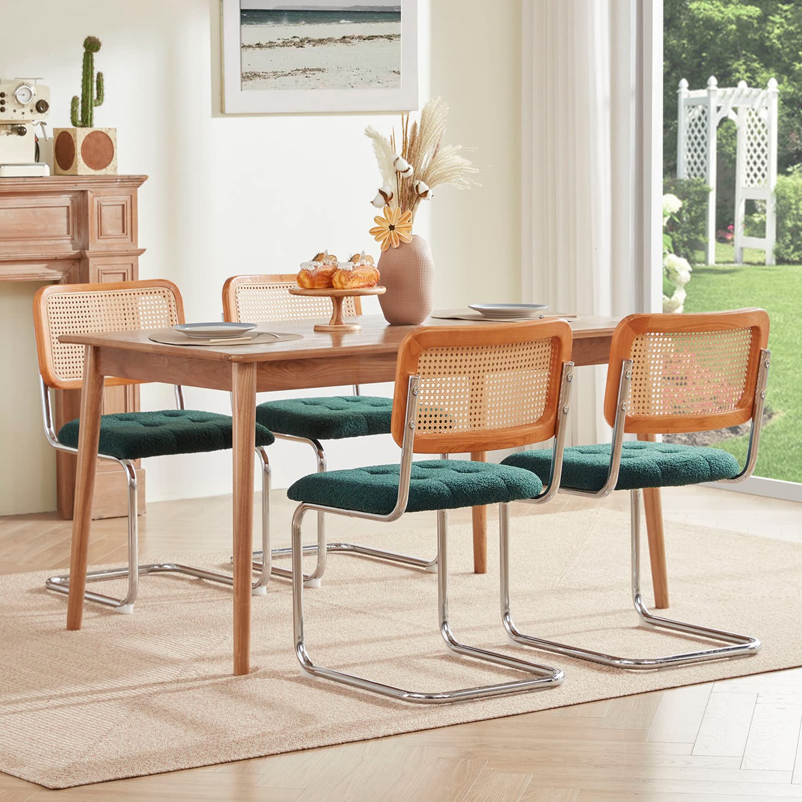 Farini Kitchen Dining Chairs Set of 2,Mid-Century Modern Chair Armless Mesh Backrest Cane Rattan Chairs for Home Dining Room(Dark Green,Teddy Velvet)