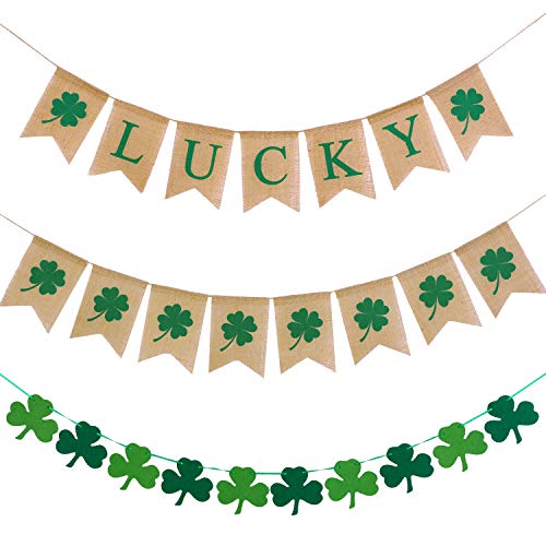 3 Pieces St. Patrick's Day Banner Shamrock Garland Lucky Banner Burlap Irish Garland Green Four Leaf Banner and Felt Shamrock Clover Banner Flags for Saint Patrick's Day Party Decor