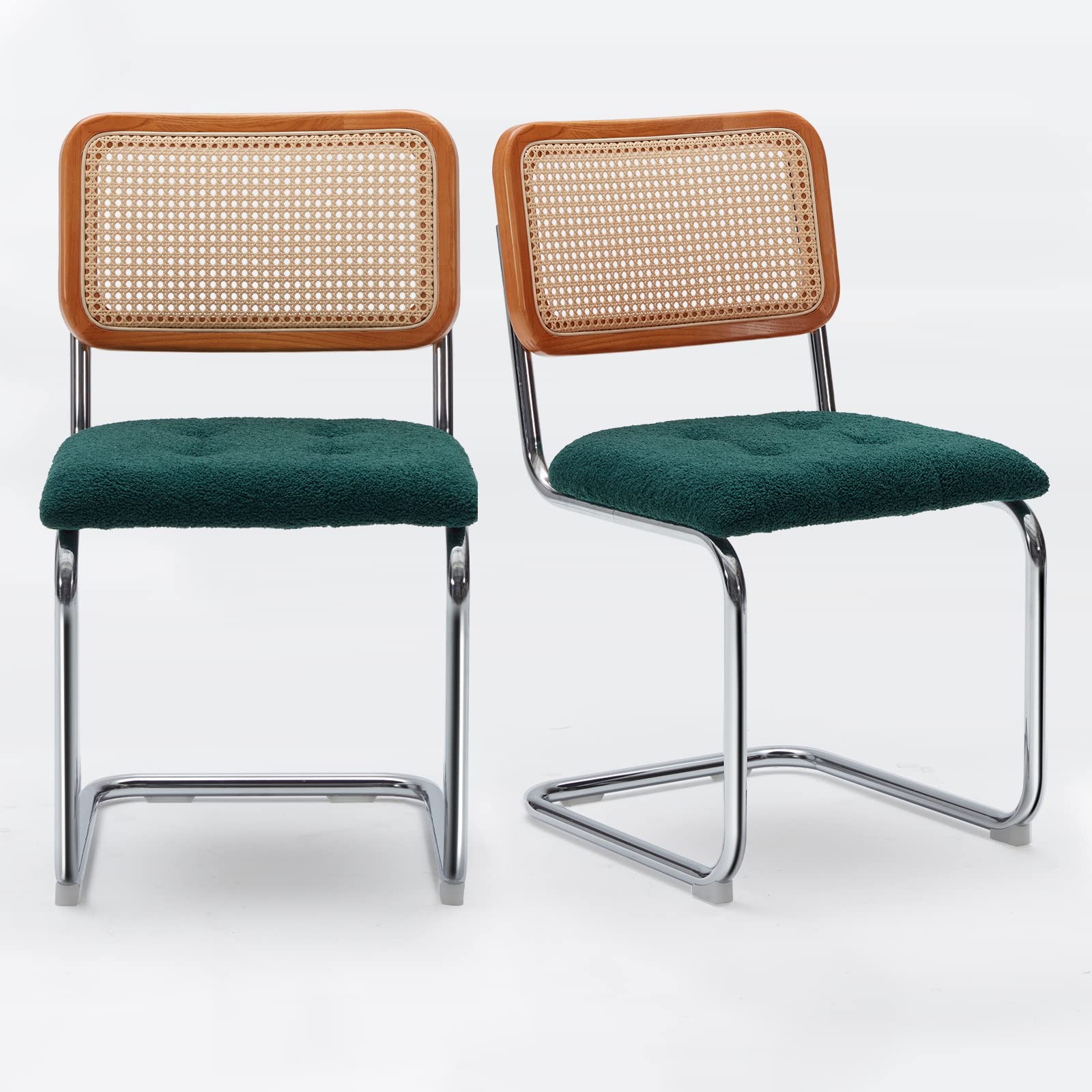 Farini Kitchen Dining Chairs Set of 2,Mid-Century Modern Chair Armless Mesh Backrest Cane Rattan Chairs for Home Dining Room(Dark Green,Teddy Velvet)