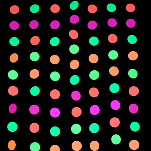 Midnight Glo 78ft Neon Paper Garland Circle Dots Hanging Decorations for Birthday Party Wedding Decorations Black Light Reactive UV Glow Party (6 Pack)