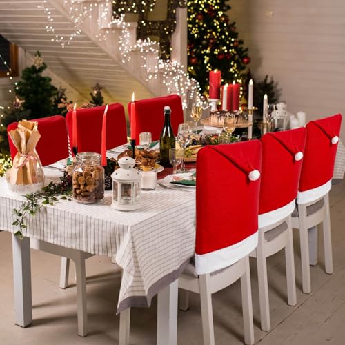 yoktiuva 6 Pcs Christmas Chair Covers, Red Santa Hat Dining Chair Slipcovers, Christmas Chair Back Covers Kitchen Chair Covers for Xmas Christmas Holiday Festival Party Decoration Indoor