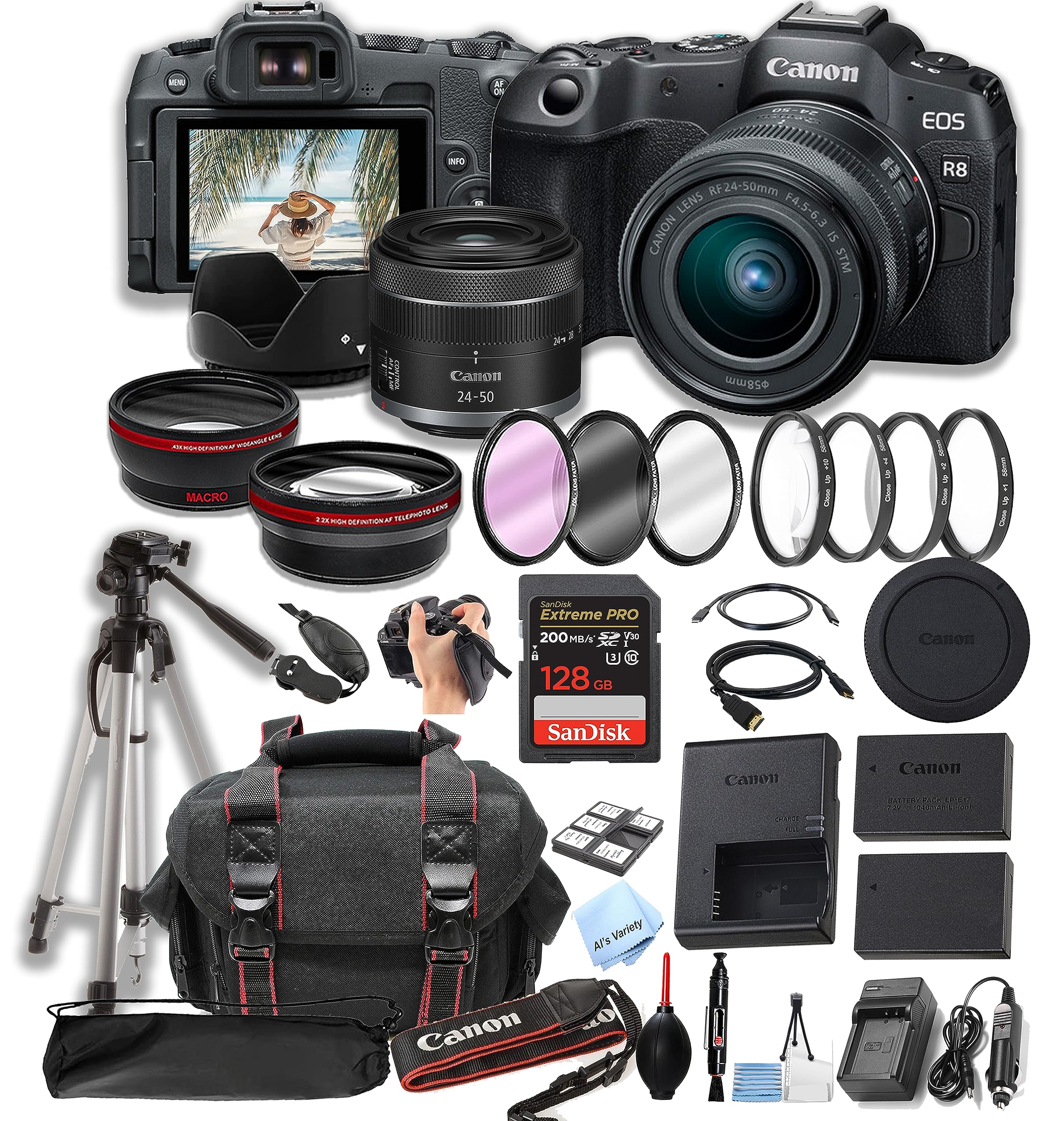 Canon EOS R8 Mirrorless with RF 24-50mm f/4.5-6.3 is STM Lens + 128GB Pro Speed Memory + Case + Tripod -Proffesional Bundle (Renewed)