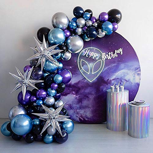 Space Birthday Decorations Supplies Metallic Chrome Blue Purple Silver Balloon Arch Garland Kit-125pcs Blue Purple Silver Balloons For Space Birthday Party, Baby Shower, Graduation