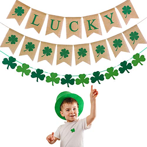3 Pieces St. Patrick's Day Banner Shamrock Garland Lucky Banner Burlap Irish Garland Green Four Leaf Banner and Felt Shamrock Clover Banner Flags for Saint Patrick's Day Party Decor