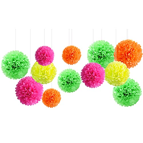 NICROLANDEE Blacklight Party Decorations - 12 PCS Fluorescent Neon Tissue Paper Pom Poms for Birthday, Wedding, Baby Shower, Glow-in-The-Dark Party, Neon Party, Prom Dance Party Photography