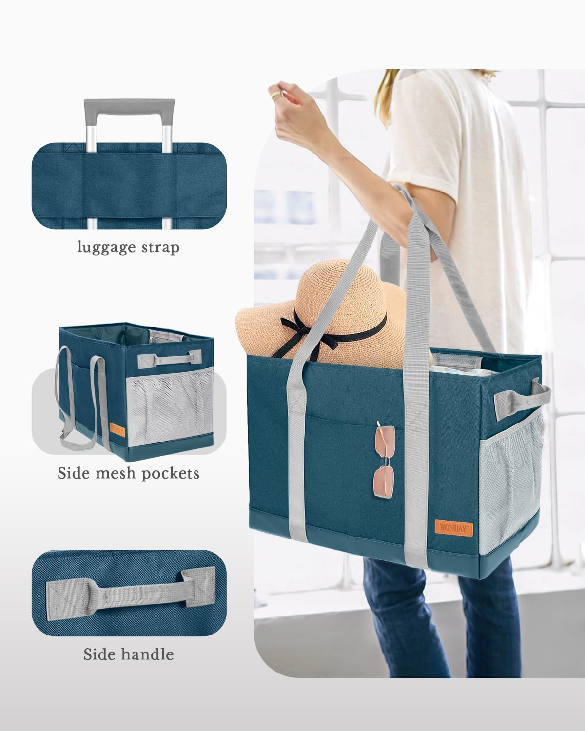 WONDAY Large Stand Up Utility Tote Bag, Reusable Grocery Bags Foldable with Waterproof Bottom (Dark Blue, X-Large)