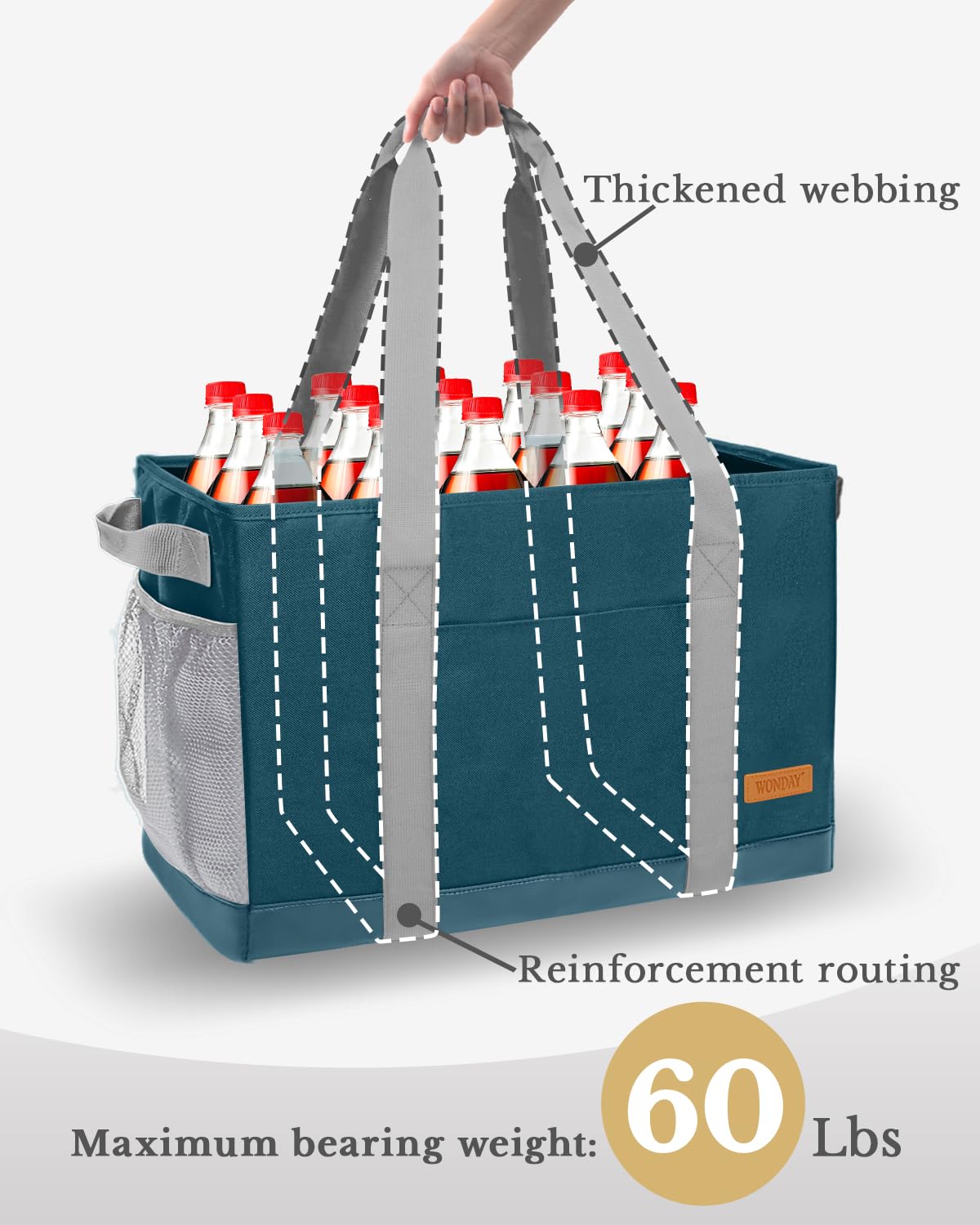 WONDAY Large Stand Up Utility Tote Bag, Reusable Grocery Bags Foldable with Waterproof Bottom (Dark Blue, X-Large)