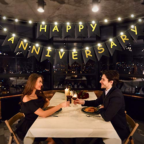 Happy Anniversary Banner Gold Foiled Sign Banner with LED Fairy String Light 8 Flicker Mode, Anniversary Party Decoration Photo Props for Anniversary Wedding Party Ceremony Decoration (Black)