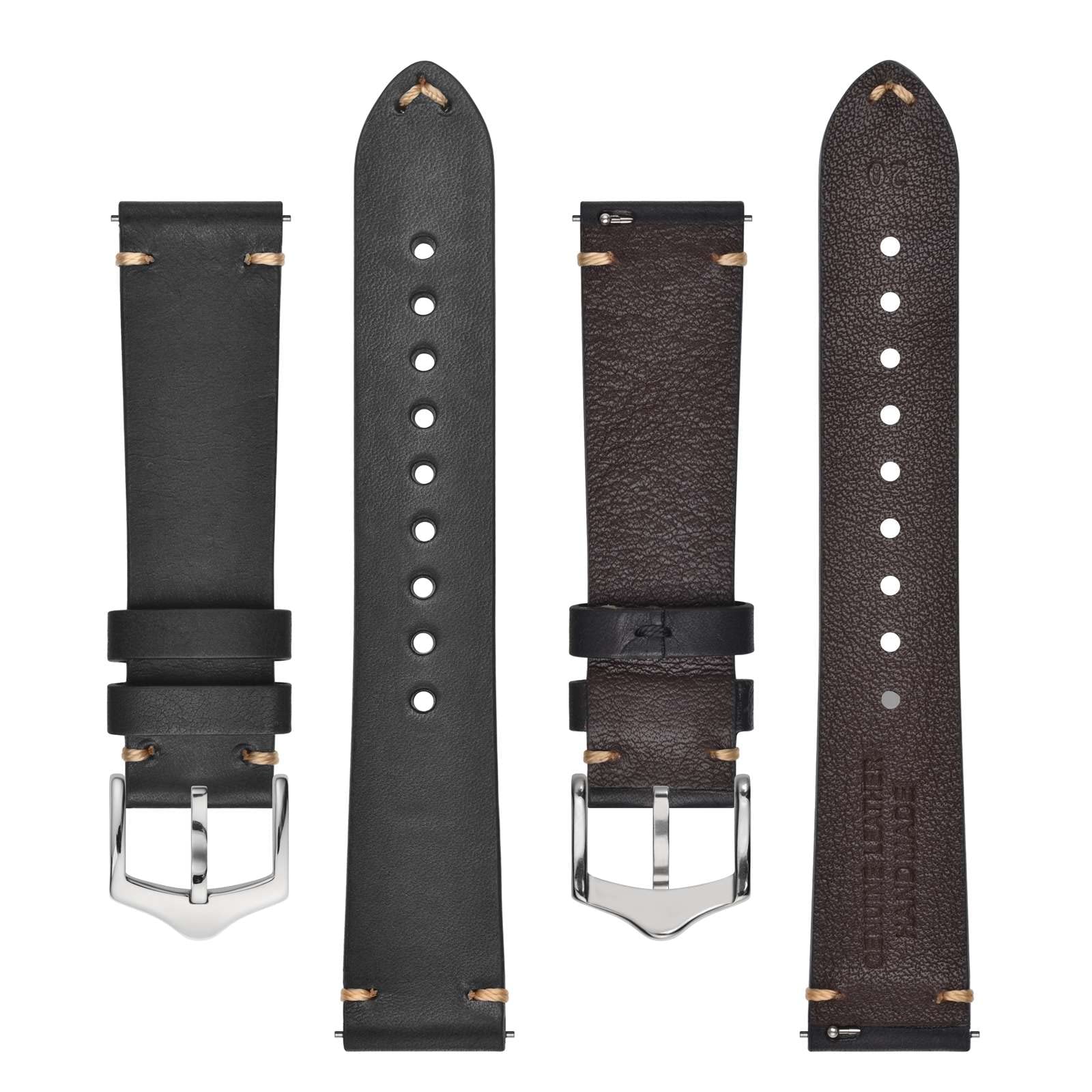 BISONSTRAP Men's Watch Bands, Hand-Stitched Leather Watch Straps, Quick Release, 20mm, Black with Silver Buckle