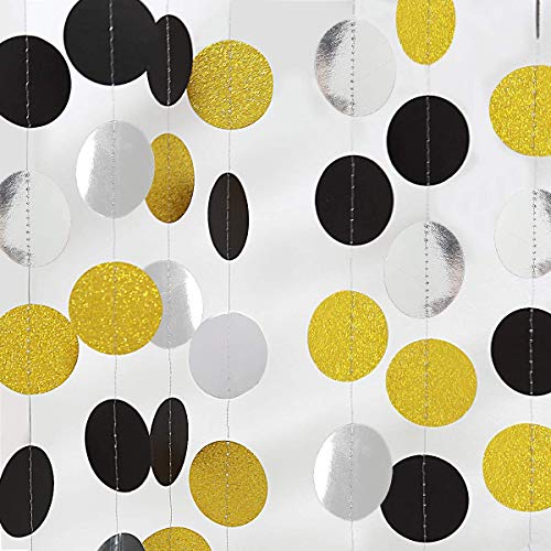Decor365 Gold Back Circle Dots Garland Streamers Party Decorations Glitter Black Hanging Streamer Banner Backdrop Decoration for Birthday/Wedding/New Year/Gruaduation