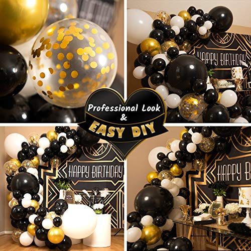 100pc EASY DIY β Black White Gold Balloon Garland Kit & Arch β Small and Large Black White and Gold Balloons with Confetti β Black and Gold Party Decorations for Graduations, New Years, Birthday