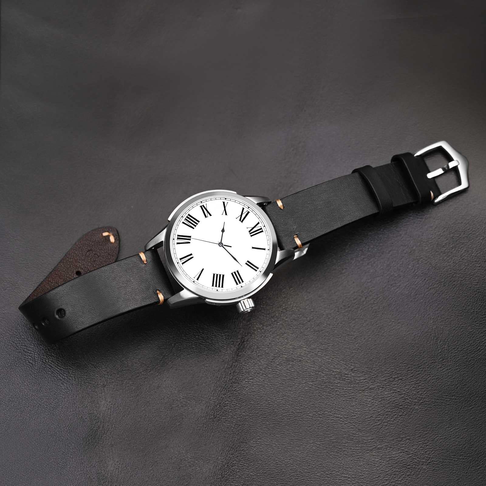 BISONSTRAP Men's Watch Bands, Hand-Stitched Leather Watch Straps, Quick Release, 20mm, Black with Silver Buckle