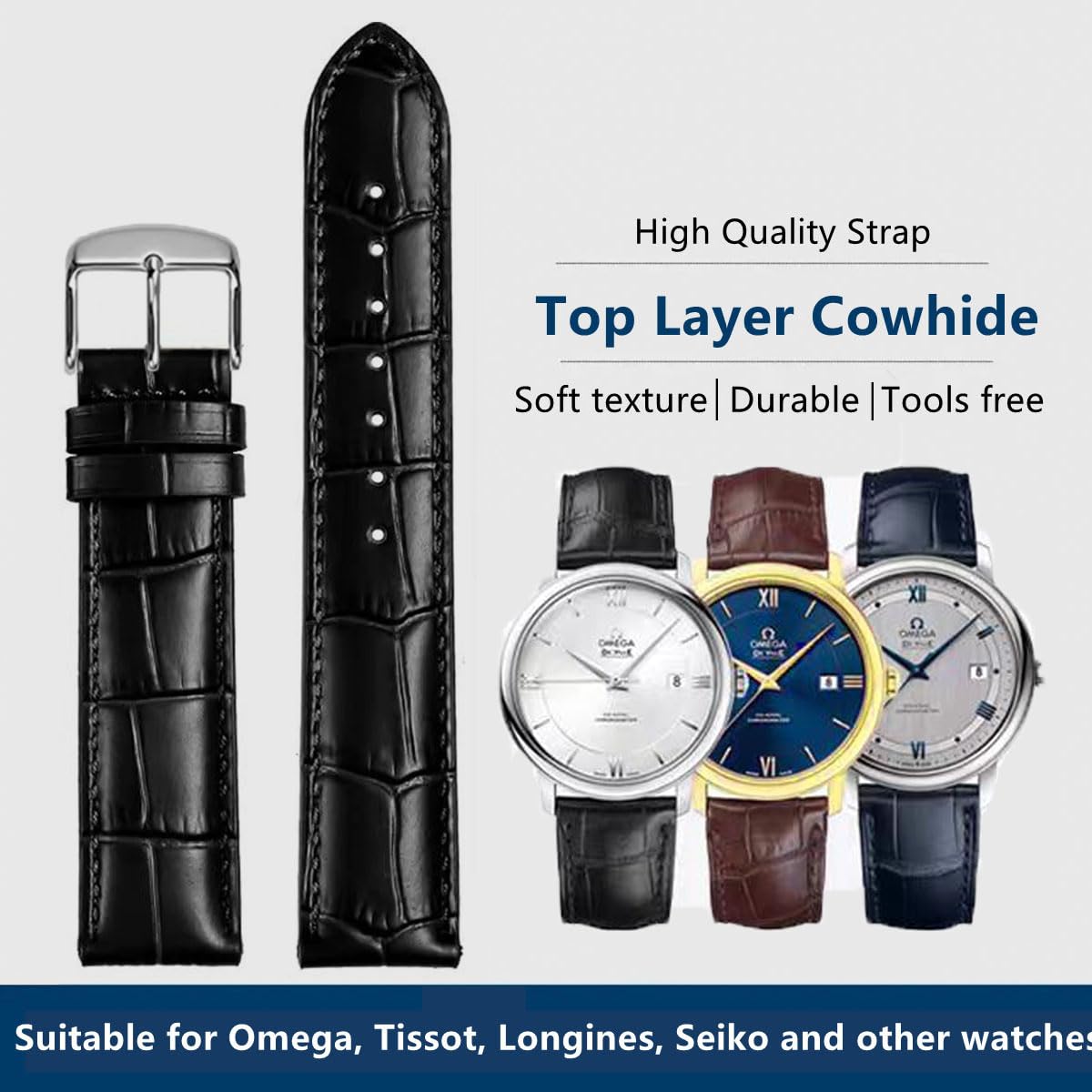 HEYOZURY Watch Bands Genuine Leather Embossed Alligator Grain Calfskin Replacement Strap for Women Men Bracelet Choose Color Width 16mm 17mm 18mm 19mm 20mm 21mm 22mm 22mm 24mm