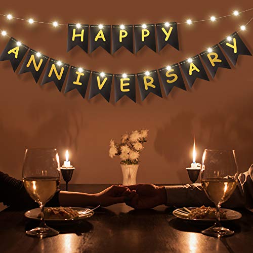 Happy Anniversary Banner Gold Foiled Sign Banner with LED Fairy String Light 8 Flicker Mode, Anniversary Party Decoration Photo Props for Anniversary Wedding Party Ceremony Decoration (Black)