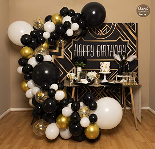 100pc EASY DIY β Black White Gold Balloon Garland Kit & Arch β Small and Large Black White and Gold Balloons with Confetti β Black and Gold Party Decorations for Graduations, New Years, Birthday