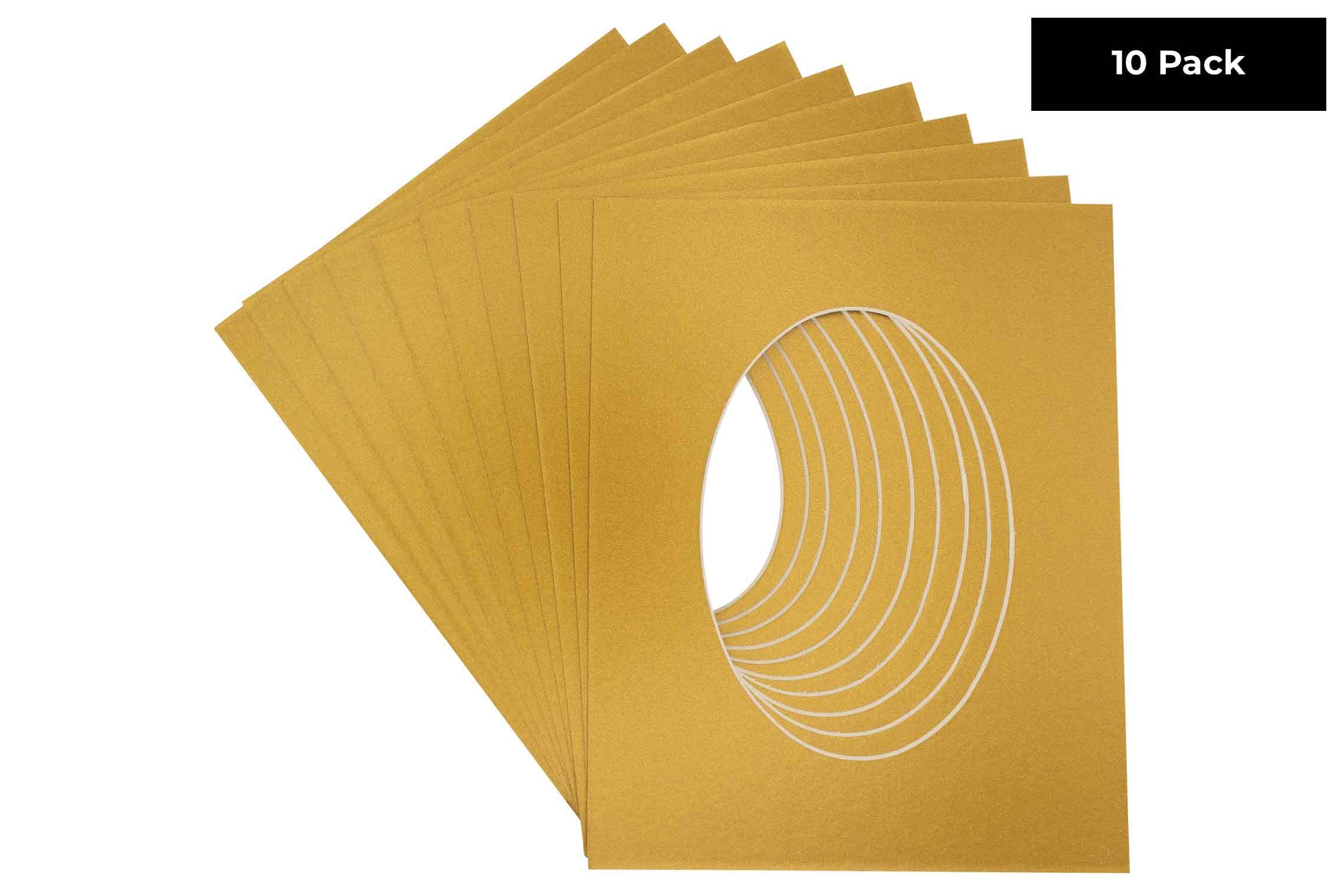 CountryArtHouse Metallic Gold Acid Free 8.5x11 Oval Picture Frame Mat with White Core Bevel Cut for 5x7 Pictures - Fits 8.5x11 Frame - Pack of 10 Matboards