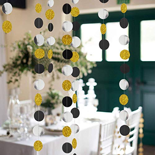 Decor365 Gold Back Circle Dots Garland Streamers Party Decorations Glitter Black Hanging Streamer Banner Backdrop Decoration for Birthday/Wedding/New Year/Gruaduation