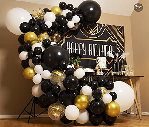 100pc EASY DIY β Black White Gold Balloon Garland Kit & Arch β Small and Large Black White and Gold Balloons with Confetti β Black and Gold Party Decorations for Graduations, New Years, Birthday