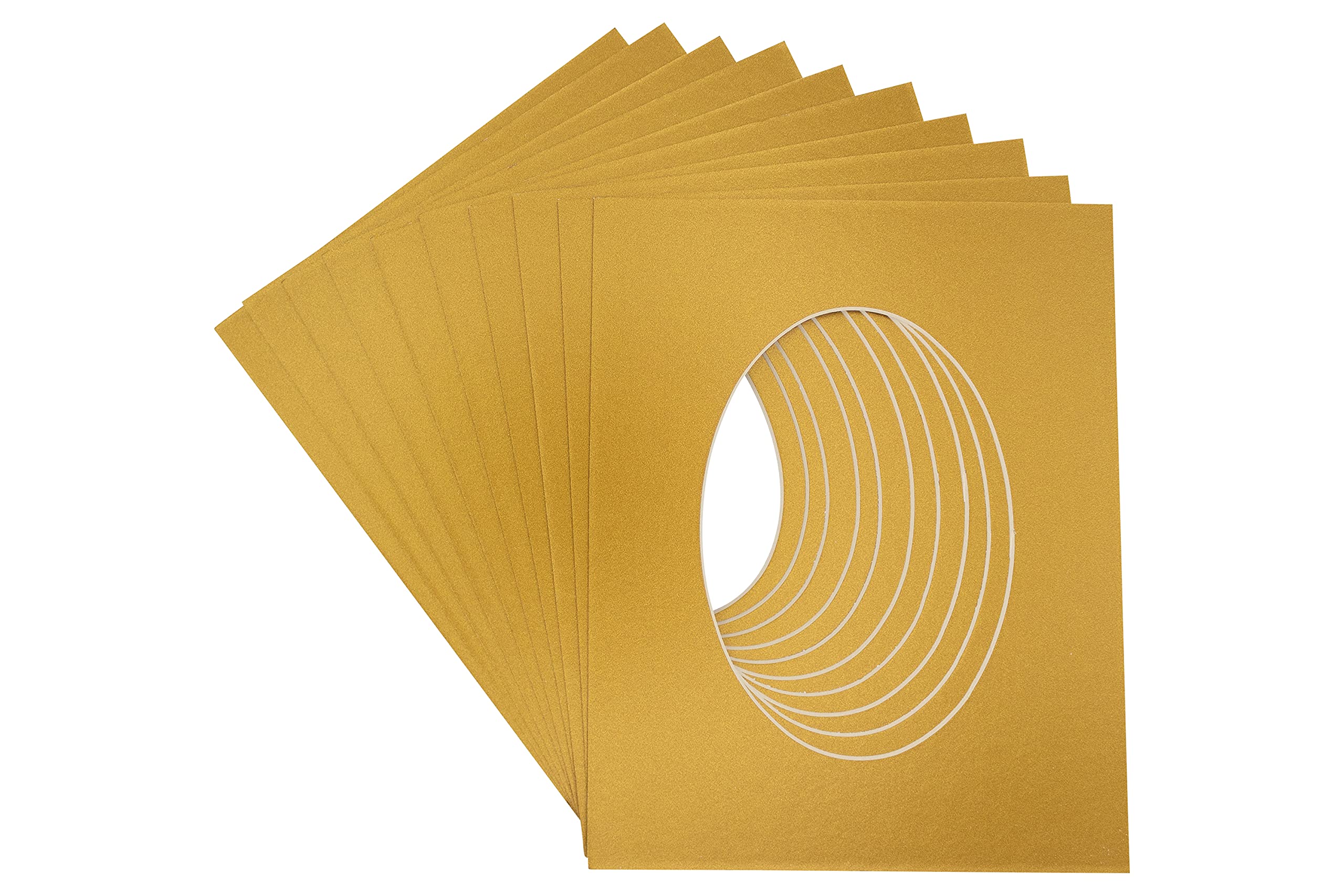 CountryArtHouse Metallic Gold Acid Free 8.5x11 Oval Picture Frame Mat with White Core Bevel Cut for 5x7 Pictures - Fits 8.5x11 Frame - Pack of 10 Matboards