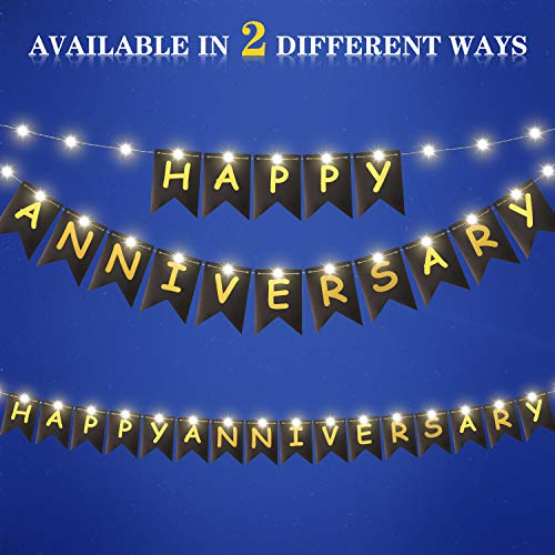 Happy Anniversary Banner Gold Foiled Sign Banner with LED Fairy String Light 8 Flicker Mode, Anniversary Party Decoration Photo Props for Anniversary Wedding Party Ceremony Decoration (Black)
