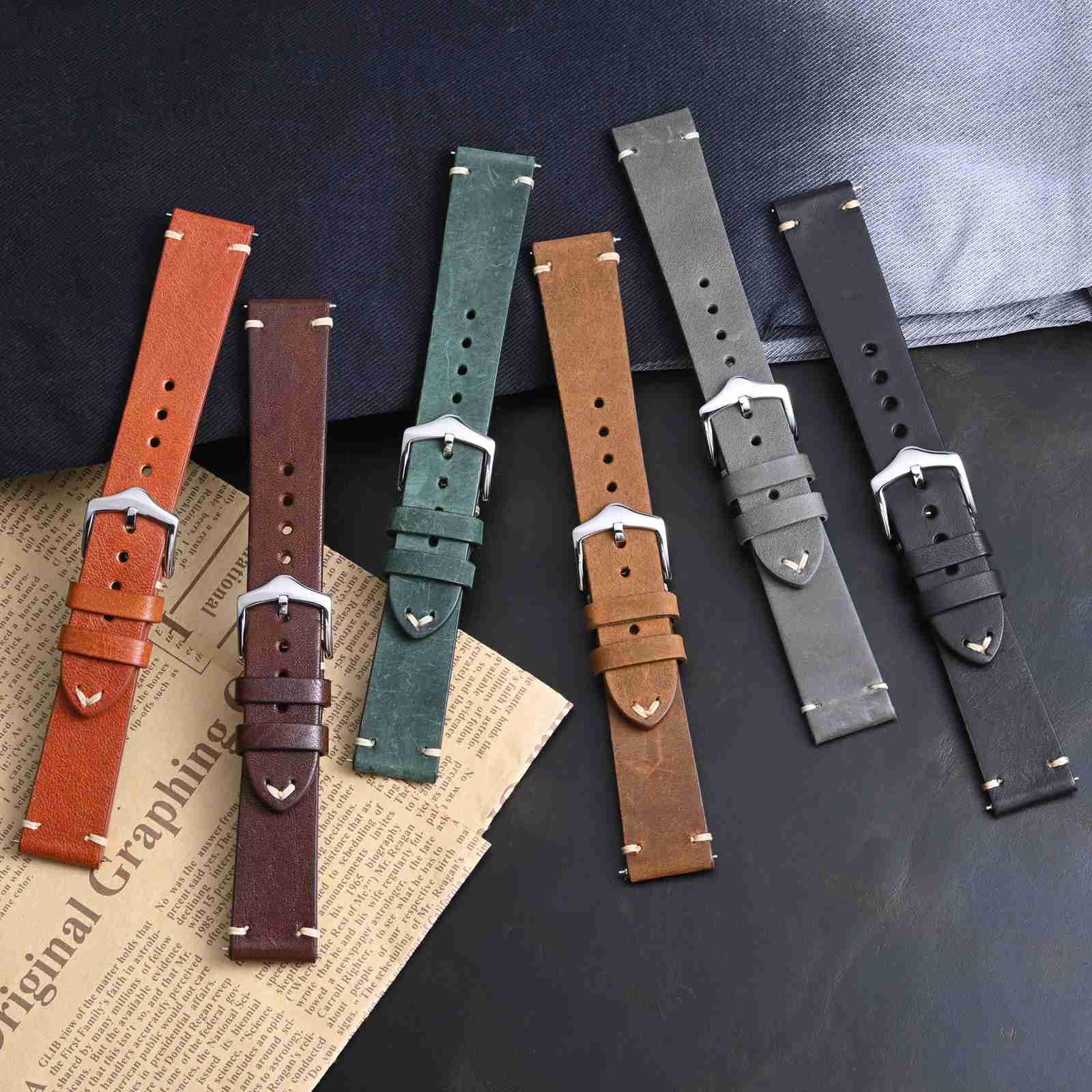 BISONSTRAP Men's Watch Bands, Hand-Stitched Leather Watch Straps, Quick Release, 20mm, Black with Silver Buckle