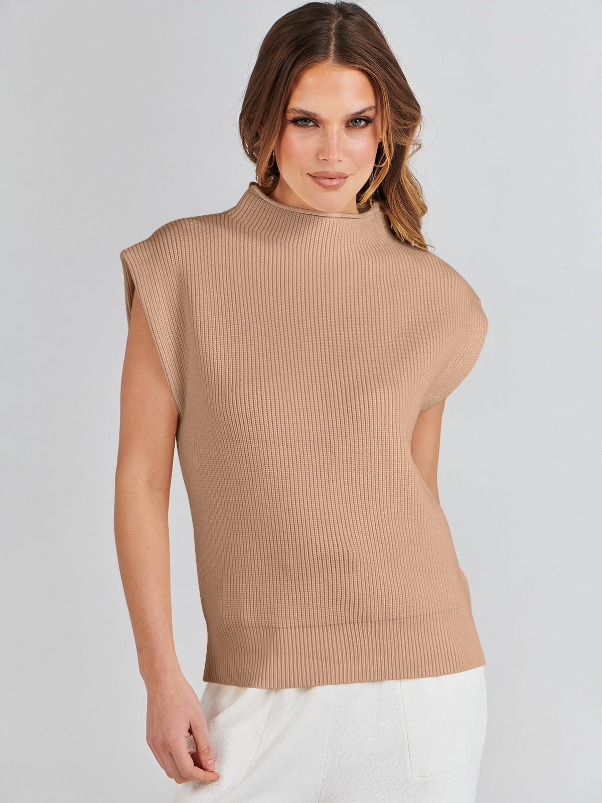 LOGENE Women's Sweater Vest Sleeveless Mock Neck Tank Top Ribbed Knit Cap Sleeve Pullover Sweaters 2023 Fall Trendy Clothes apricot Medium