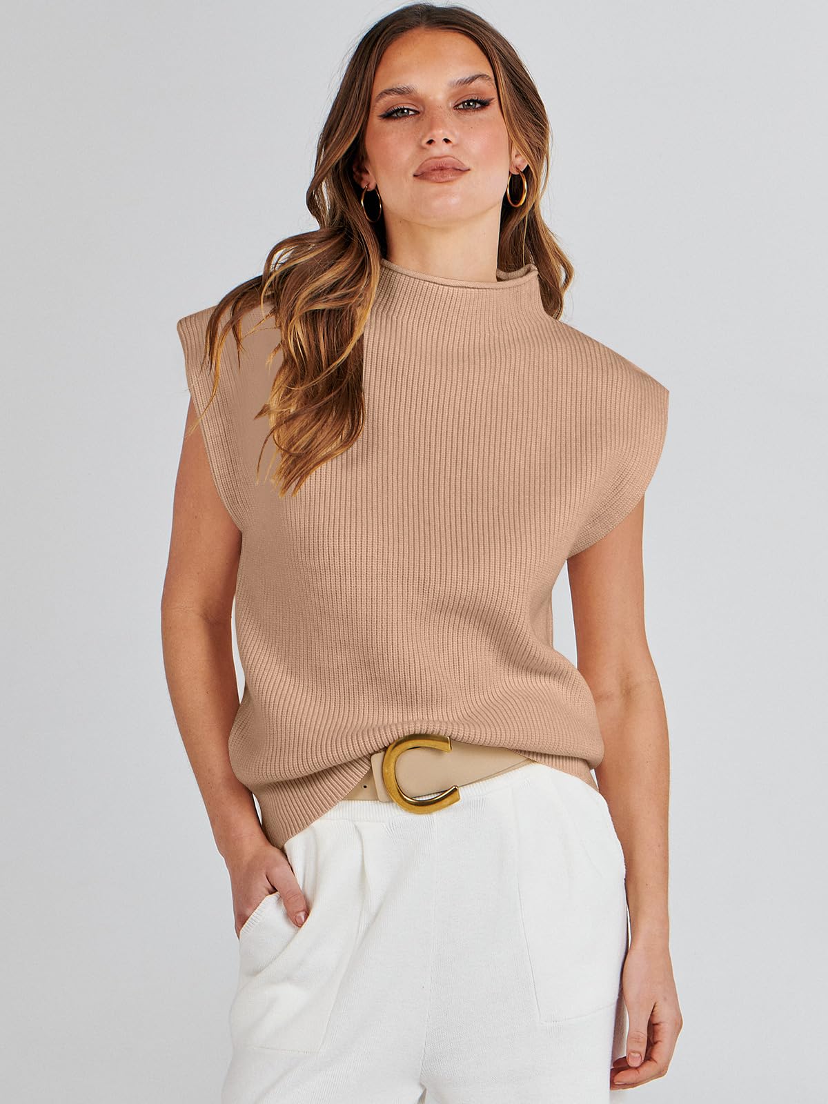 LOGENE Women's Sweater Vest Sleeveless Mock Neck Tank Top Ribbed Knit Cap Sleeve Pullover Sweaters 2023 Fall Trendy Clothes apricot Medium